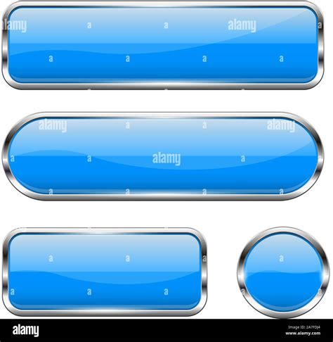Blue Glass Buttons Set Of 3d Shiny Icons With Chrome Frame Stock