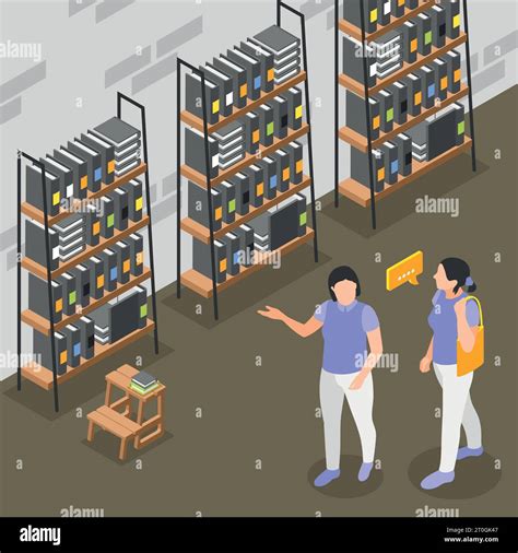 Female Shop Assistant Helping Customer Choose Book In Store Isometric
