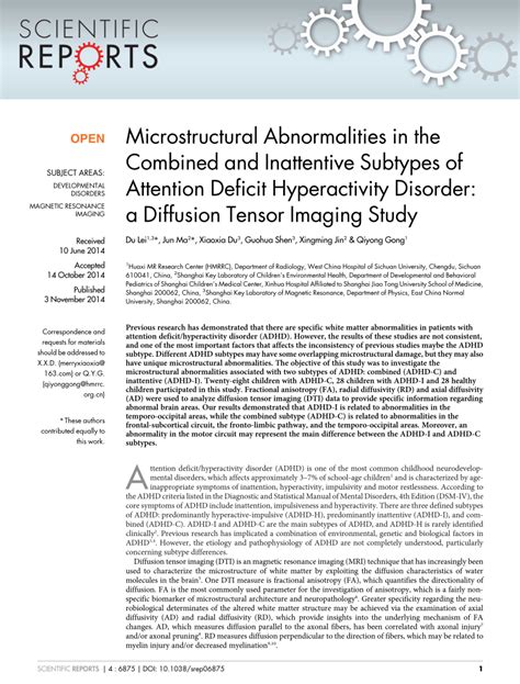 Pdf Microstructural Abnormalities In The Combined And Inattentive Subtypes Of Attention