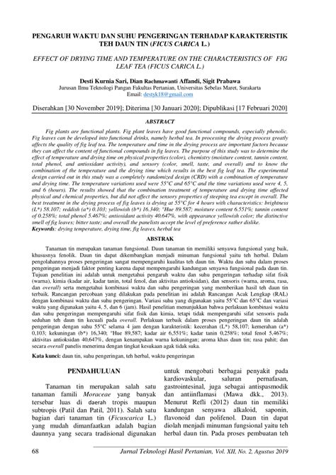 Pdf Pengaruh Waktu Dan Suhu Pengeringan Terhadap Karakteristik Teh