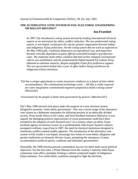 Pdf The Alternative Vote System In Fiji Electoral Engineering Or