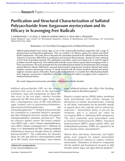 Pdf Purification And Structural Characterization Of Sulfated Polysaccharide From Sargassum