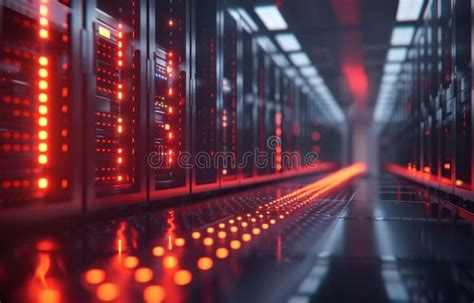 Dimly Lit Server Room With Glowing Red Lights And Rows Of Servers Creating A Futuristic