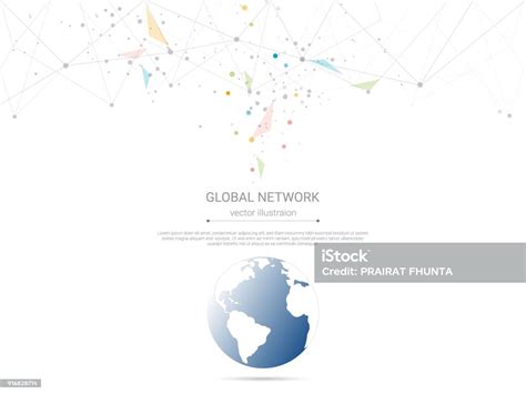 글로벌 네트워크 연결 연결 점 들과 라인 배경 국제 커뮤니케이션 세계 지도 연결 소셜 미디어 세계화 사업 및 기술 개념의 상징으로 낮은 폴 리 가리키기에 대한 스톡 벡터