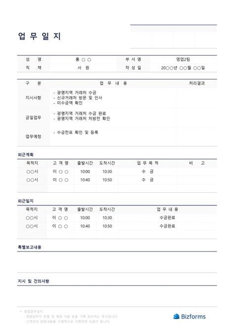 표준 영업업무일지작성방법 포함 비즈폼 샘플양식 다운로드