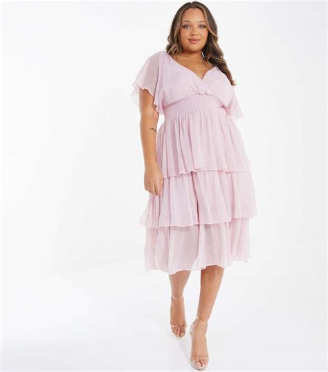Quiz Curves Pink Glitter Chiffon Tiered Midi Dress New Look