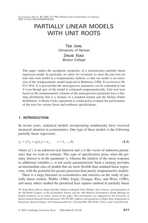 Pdf Partially Linear Models With Unit Roots