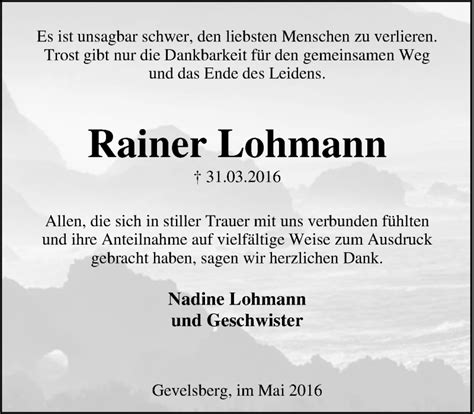 Traueranzeigen Von Rainer Lohmann Trauer In Nrw De