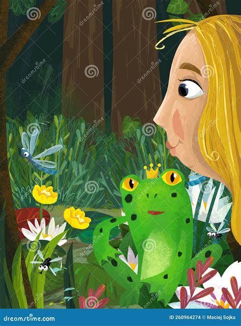 Cartoon Girl Princess Frog Insects Flying Illustration Stock