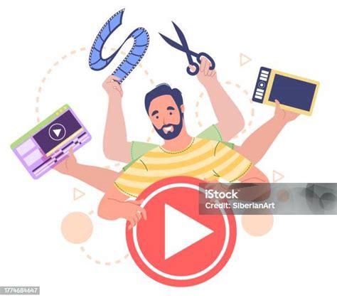 멀티태스킹 남자 모션 디자이너 캐릭터 비디오 생성 벡터 일러스트 레이 션에 대한 다른 도구를 사용하여 많은 손 스토리텔링 그래픽 애니메이션 소프트웨어 및 크리에이티브 직업