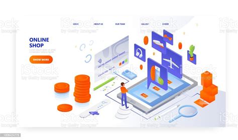 온라인 상점 방문 페이지 디자인 웹 사이트 배너 벡터 템플릿 휴대 전화를 통해 인터넷에서 쇼핑을 즐기는 남자 3차원 형태에 대한 스톡 벡터 아트 및 기타 이미지 Istock
