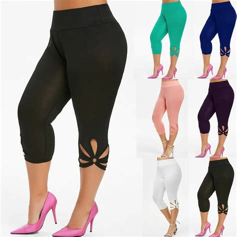Cflvaek Capri Leggings Women Plus Size Flower Hollow Out Stretch High