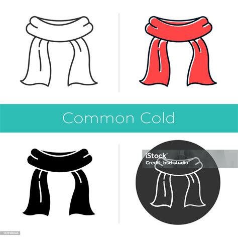 목 스카프 아이콘입니다 추운 날씨 천입니다 겨울 의류입니다 일반적인 감기 원조 의료 패션 목걸이 그립 주의 사항 플랫 디자인 선형 및 색상 스타일 격리된 벡터 일러스트레이션