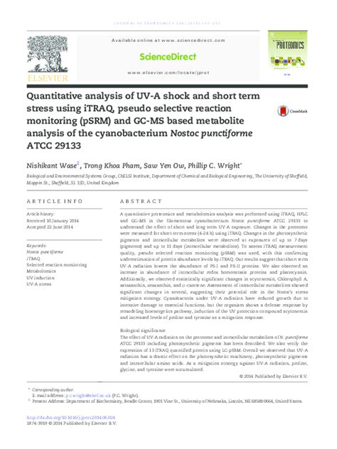Pdf Quantitative Analysis Of Uv A Shock And Short Term Stress Using Itraq Pseudo Selective