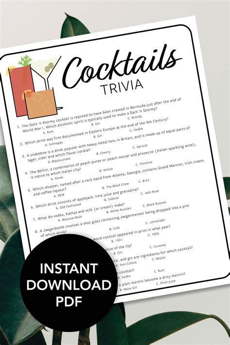 Cocktails Trivia Cocktail Trivia Game Printable Cocktails Trivia