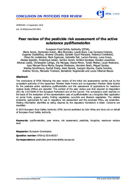 Pdf Peer Review Of The Pesticide Risk Assessment Of The Active Substance Pydiflumetofen