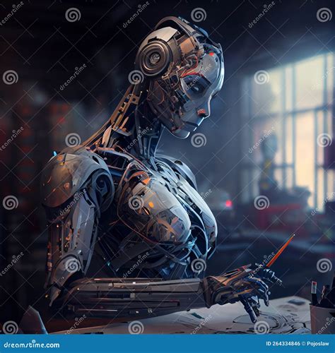 Artificial Inteligence Humaniod Robot Drawing Futuristic Concept Stock Illustration