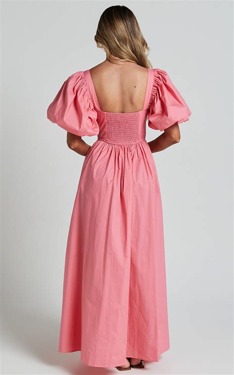 Raiza Midi Dress Shirred Waist Puff Sleeve Dress In Coral Pink