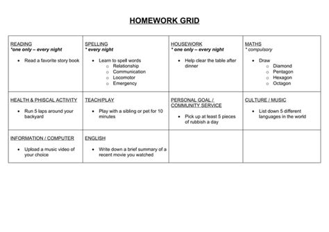 Homework Grid Doc Homework And Study Education