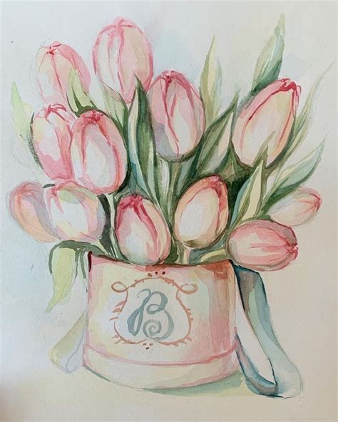 Pink Tulips Watercolor Painting
