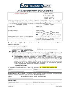 Fillable Online AUTOMATIC OVERDRAFT TRANSFER AUTHORIZATION09 2009doc
