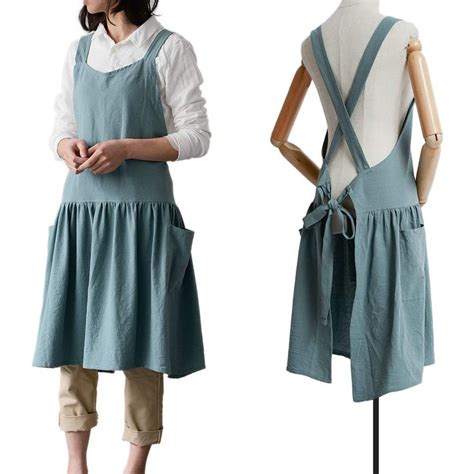 Newgem Cotton Linen Cross Back Apron For Women With Pockets For