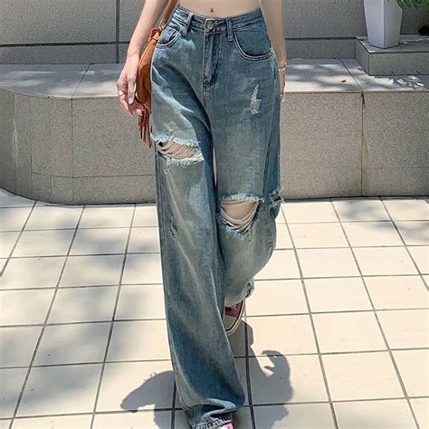 Lucky Stars ☘️กางเกงยีนส์ขายาวขัดขาดเอวสูง ขากระบอกใหญ่ วินเทจ ทรงสวย มีครบไซส์ค่ะ Th