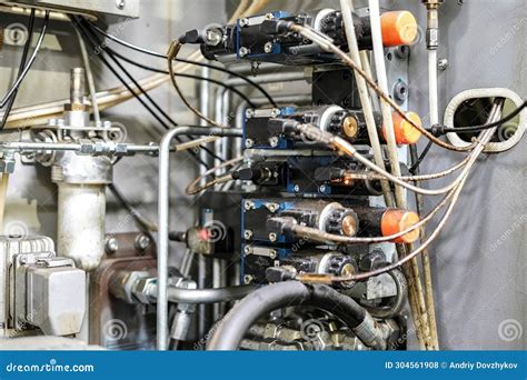 Electronic And Mechanical Control System For The Hydraulics Of A CNC Machine Stock Photo