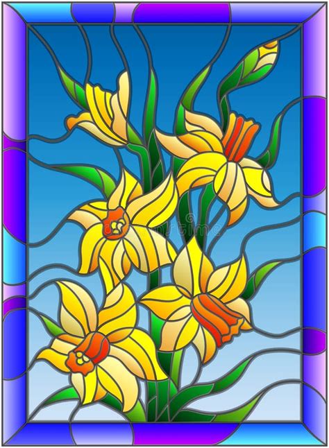 Stained Glass Illustration With Daffodils On Blue Background In A