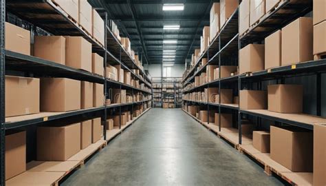 Vast Warehouse Interior With Stacked Cardboard Boxes On Industrial