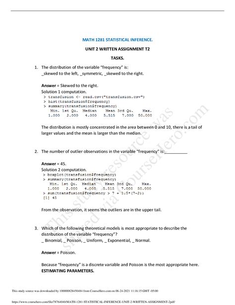 MATH 1281 STATISTICAL INFERENCE UNIT 2 WRITTEN ASSIGNMENT 2 Pdf
