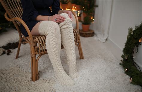 Over Knee Long Merino Wool Hand Knitted Socks Natural Wool Hand Knitted Long Socks Tight High
