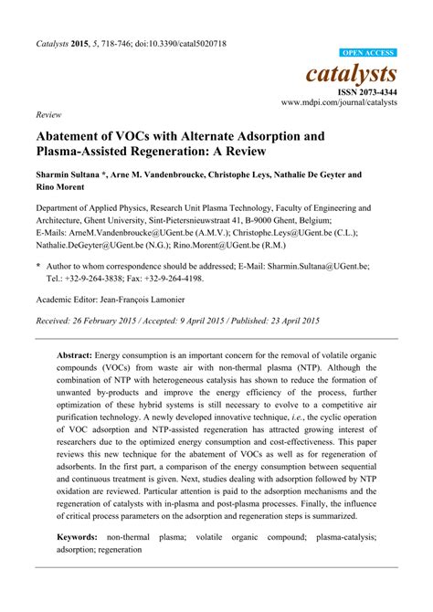 Pdf Abatement Of Vocs With Alternate Adsorption And Plasma Assisted
