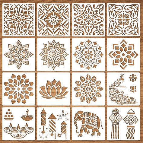 Howaf 16pcs Rangoli Stencils For Diwali Stencils For Crafts Reusable