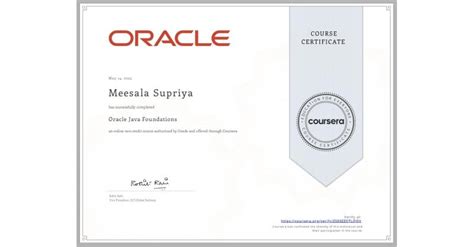 Completion Certificate For Oracle Java Foundations Sai Supriya Meesala