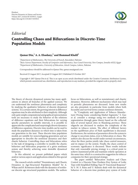 Pdf Controlling Chaos And Bifurcations In Discrete Time Population Models