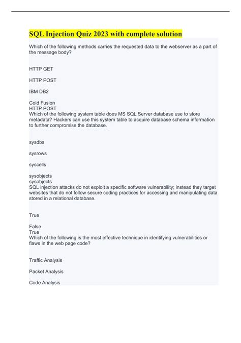 Sql Injection Quiz 2023 With Complete Solution Sql Injection Stuvia Us