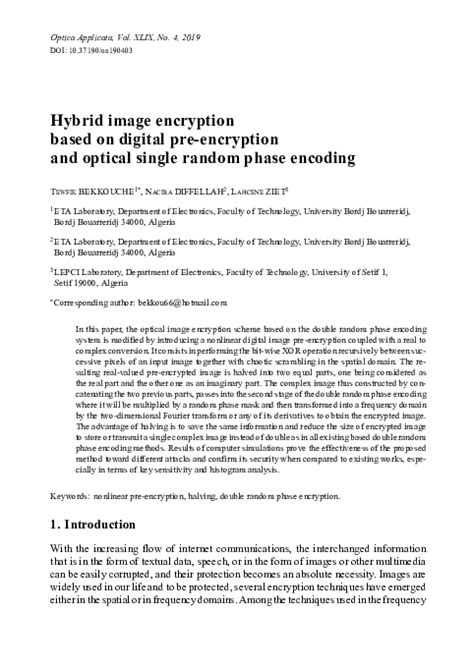 Pdf Hybrid Image Encryption Based On Digital Pre Encryption And Optical Single Random Phase