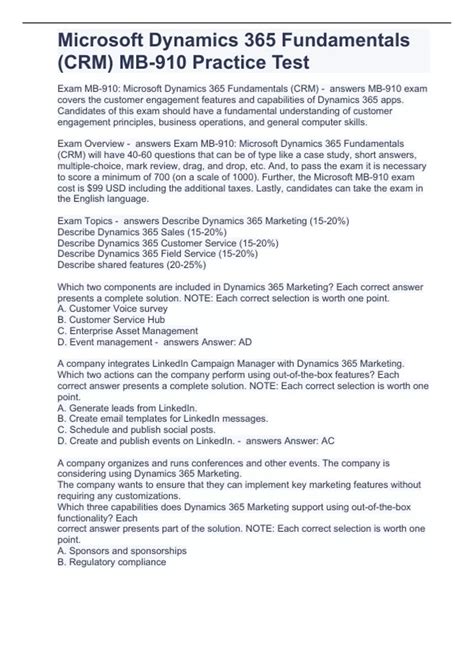 Microsoft Dynamics 365 Fundamentals Crm Mb 910 Practice Test Econ