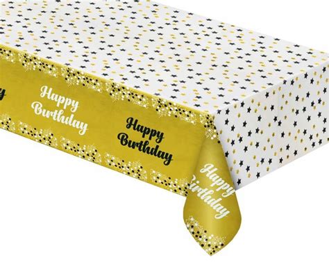 Obrus foliowy HAPPY BIRTHDAY złoty biały jednorazowy GWIAZDKI