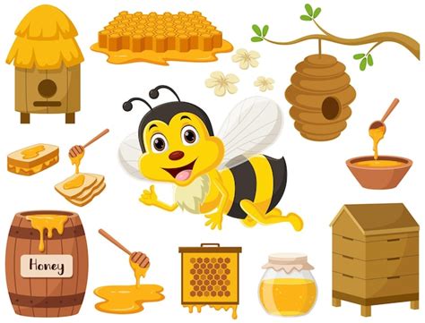 Colección De Elementos De Miel De Abeja De Dibujos Animados Vector