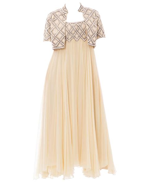 1960s Cream Beaded Silk Chiffon Empire Waist Gown With Matching Evening