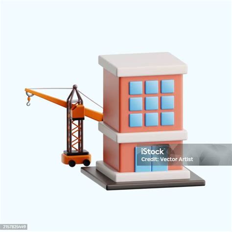 건설 프로젝트를위한 크레인 기계로 건설 중인 집 사무실 아파트 3d 아이콘 일러스트 렌더링 디자인 3차원 형태에 대한 스톡 사진 및 기타 이미지 Istock