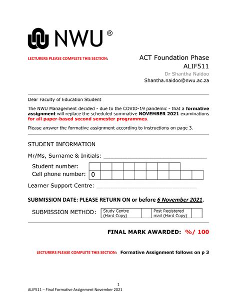 ALIF511 Final Formative Assignment Nov 1 LECTURERS PLEASE COMPLETE