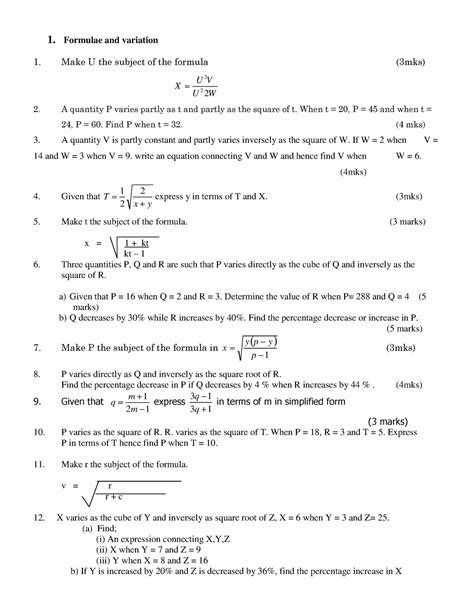 Formulae And Variation Q 1 Formulae And Variation Make U The Subject Of The Formula 3mks U Formulae And Variation Q 1 Formulae And Variation Make U The Subject Of The Formula 3mks U