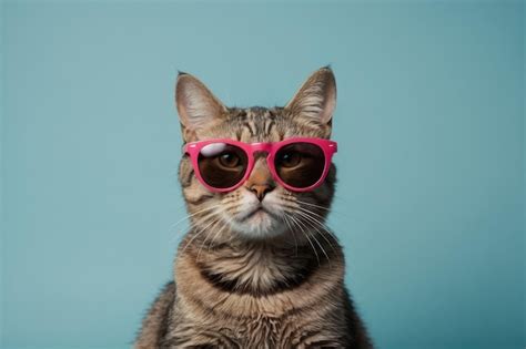 Premium Photo A Funny Cat Wearing Sunglasses Isolated On Light Blue