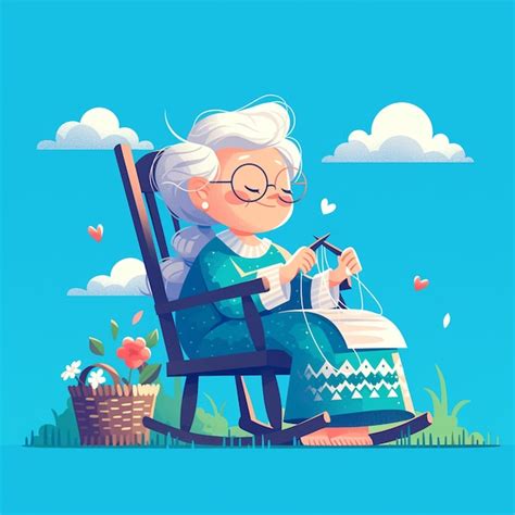 Caucasian Elderly Woman Knitting In A Rocking Chair Premium Ai