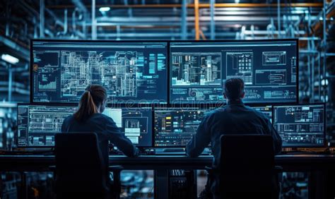 Control Room With Operators Monitoring Complex Data On Multiple Screens In Industrial Setting