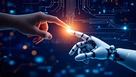 Human And Robot Hand Touch Symbolizing Ai And Innovation Stock