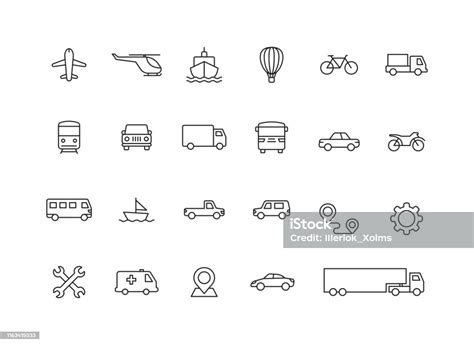 라인 스타일로 24 전송 웹 아이콘의 집합입니다 기차 비행기 자동차 버스 헬리콥터 자전거 벡터 그림입니다 교통수단에 대한 스톡 벡터 아트 및 기타 이미지 Istock